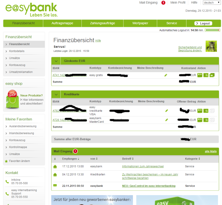 Easybank Konto - gratis Konto um 0 €, 400 € Eingang im Monat notwendig